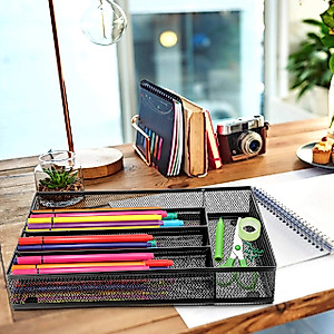 LIANYU Silverware Utensil Drawer Organizer, 5 Compartments Steel Mesh Cutlery Flatware Tray with Foam Feet, 9 1/4" W x 12 1/2" L x 2" H, Black