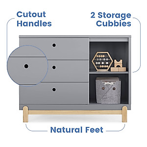 Delta Children Poppy 3 Drawer Dresser with Cubbies, Grey/Natural