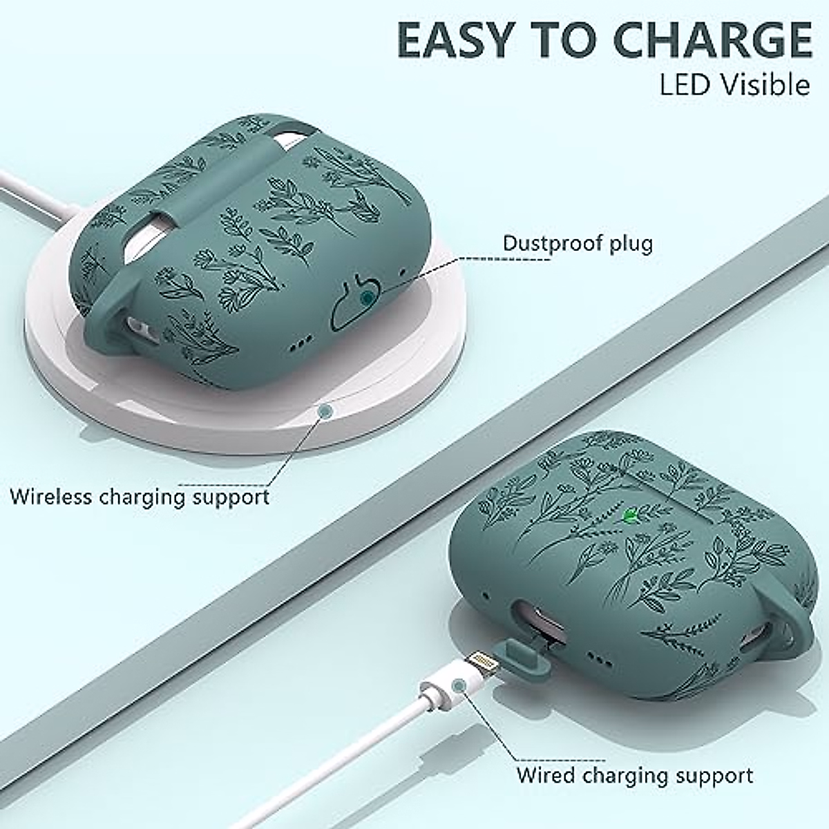 Flower Engraved Case for Apple AirPods Pro 2 Gen,Soft Silicone Protective Case Cover for AirPods Pro 2nd/1st Generation AirPod Case with Clean Kit Carabiner,Lanyard,Front LED Visible,Pine Green