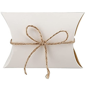 MANCHAP 200 PCS 3.5 x 2.5 Inch White Kraft Paper Pillow Boxes, Small White Pillow Candy Box with 2m Jute Twines, Pillow Gift Boxes Thank You Treat Boxes for Party Favors, Proposal, Wedding