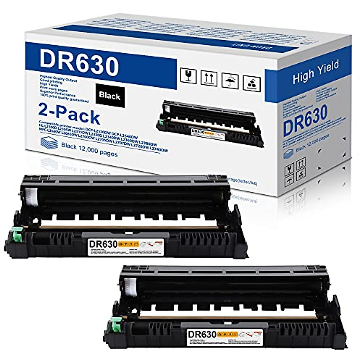 2-Pack Black Compatible Drum Unit Replacement for Brother DR630 DR-630 to use with DCP-L2520DW DCP-L2540DW HL-L2300D HL-L2305W HL-L2320D HL-L2340DW HL-L2360DW HL-L2380DW HL-L2680W MFC-L2700DW Printer