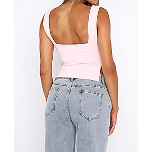 BAIGRAM Women’s Sleeveless Slim Crop Tank Top Sexy Pleated Bustier Sweetheart Neck Strappy Slits Cropped Vest Cami Pink