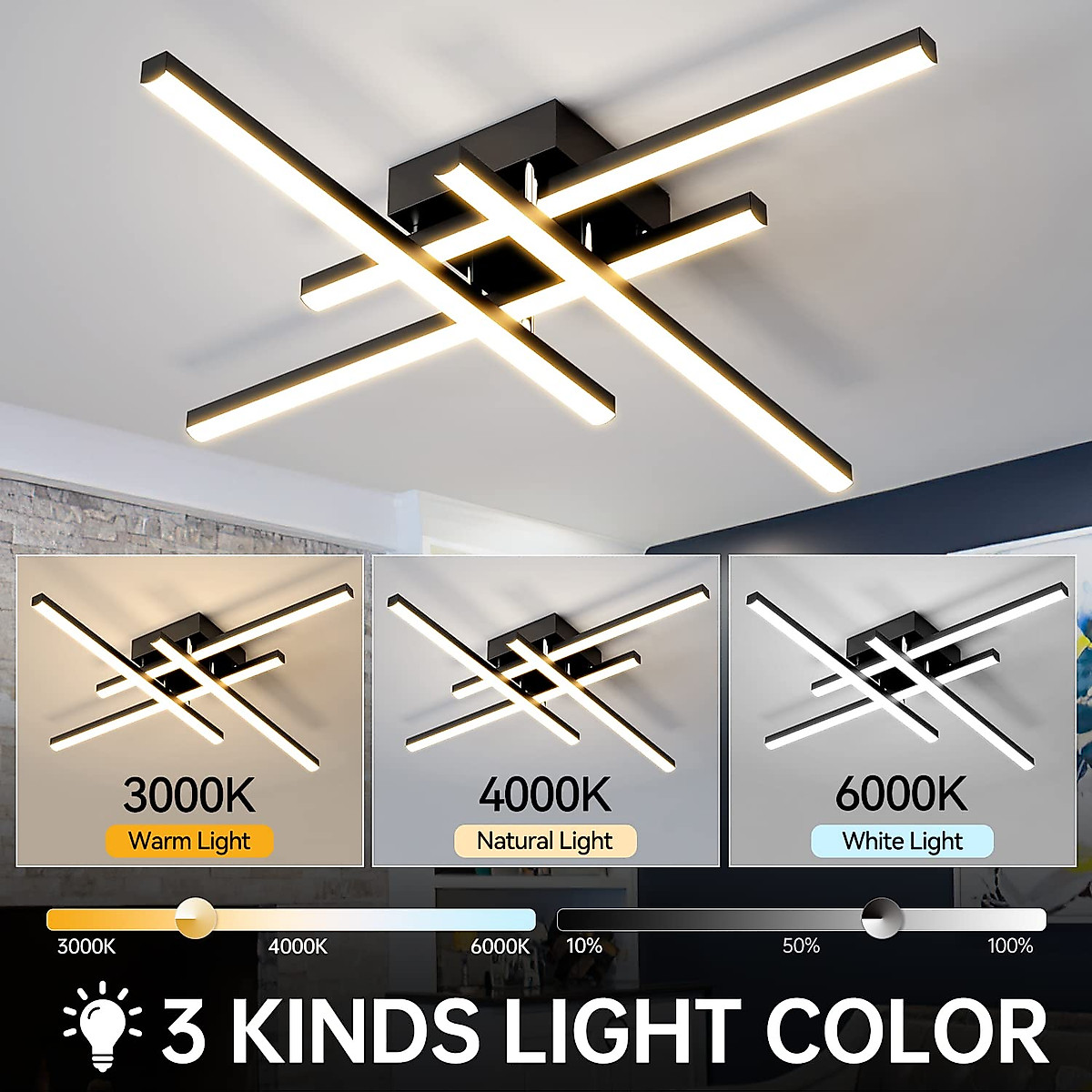 JFHTNFJ Modern Sputnik Ceiling Light Fixture 40w LED Dimmable with Remote Control Ceiling Lighting Black Flush Mount Chandelier Ceiling Lamp for Bedroom Study Kitchen Living Room 3-Color 24inches