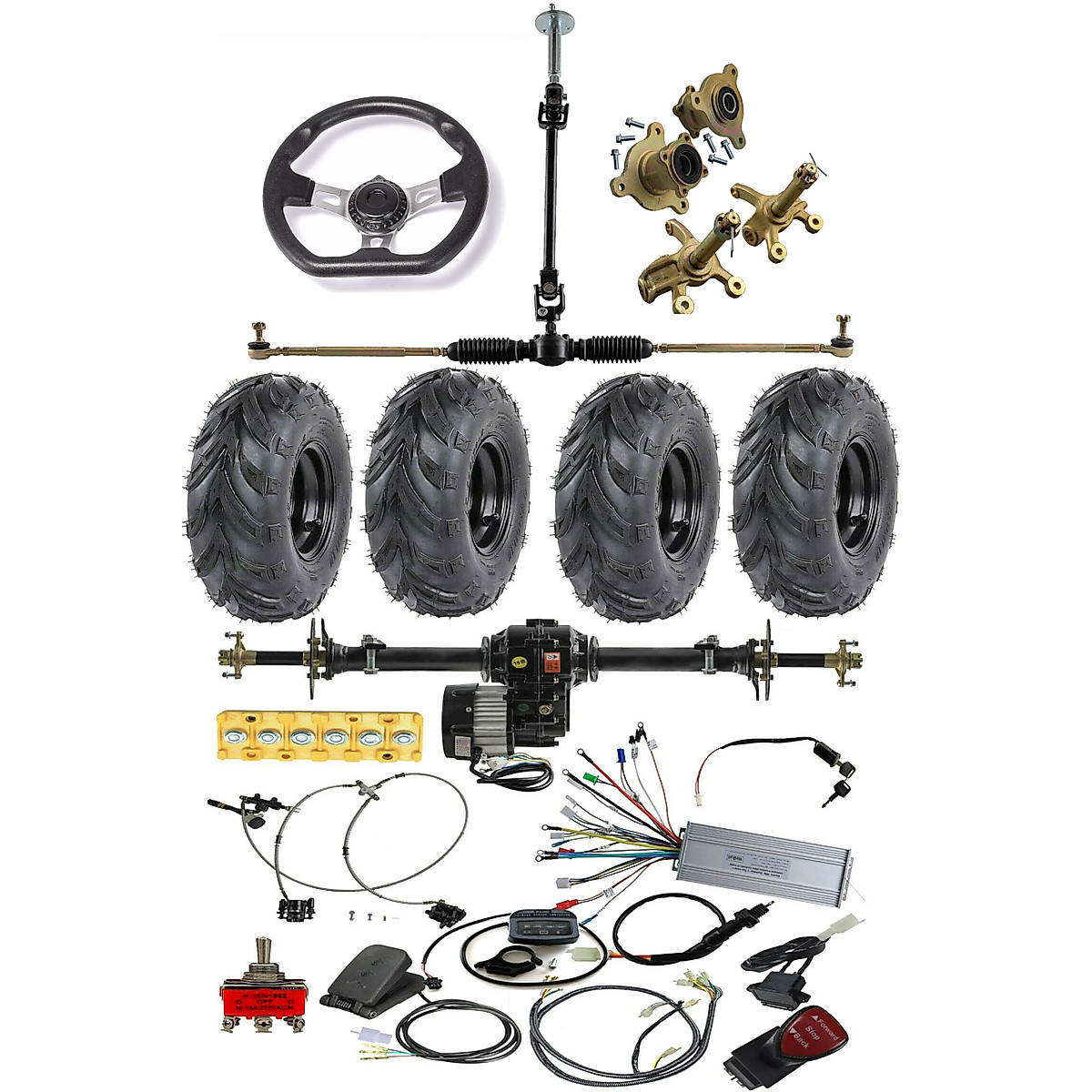 YC Yier 30" Go Kart Rear Axle Kit & 48V 1000W Electric Brushless Motor Controller Differential &145/70-6" Wheels Tires + Front Steering Shaft for ATV Quad Buggy 4 Wheelers Dolly Cart Trike Tricycle