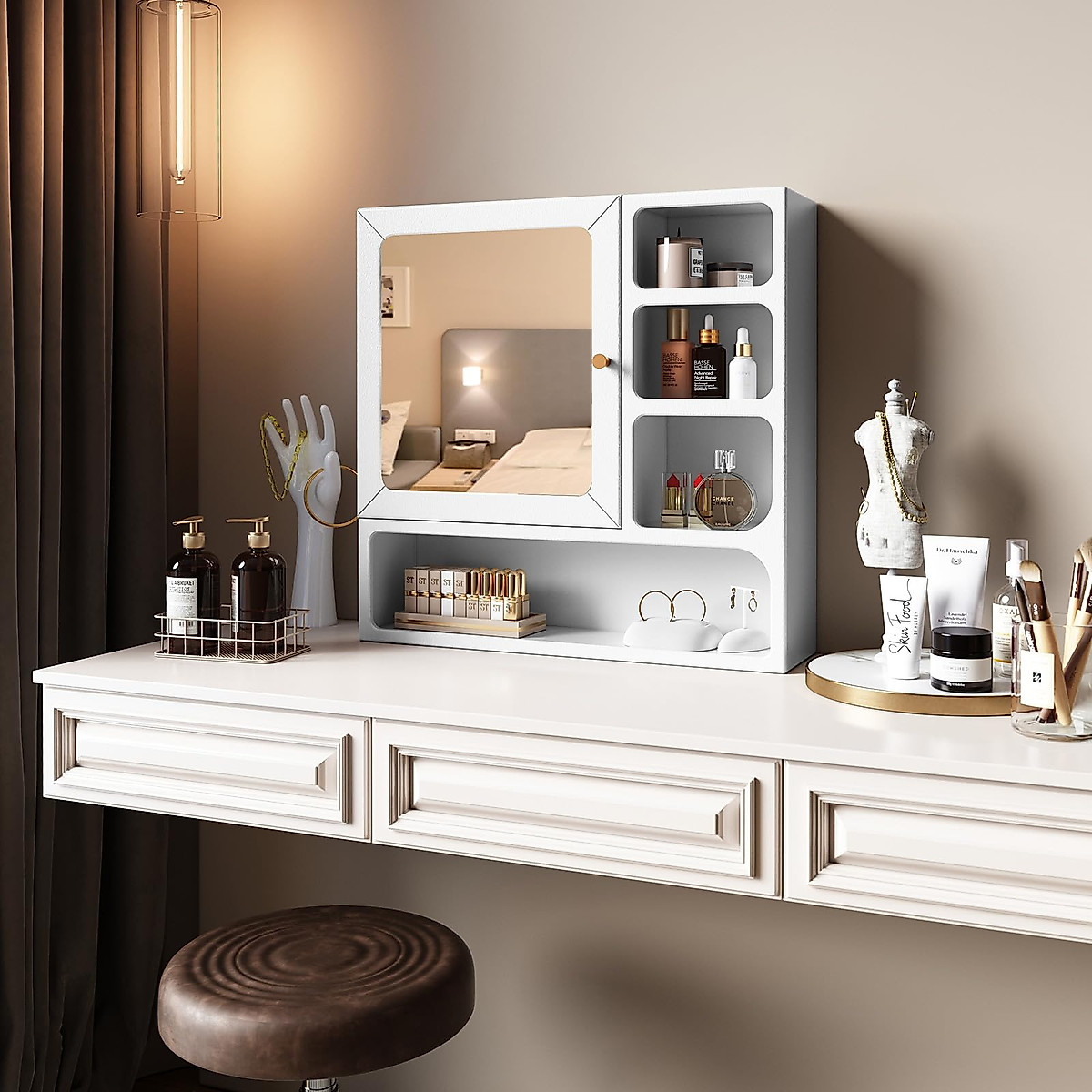 ARTPOWER 24" Bathroom Medicine Cabinet with Mirror, Wall Bathroom Storage Cabinet with Mirror Door and 4 Open Shelves, Geometric Mirrored Bathroom Wall Cabinet