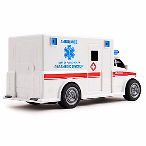 Vokodo Rescue Ambulance Friction Powered 1:20 Scale Toy Car with Lights and Sounds Durable Kids Medical Transport Emergency Vehicle Push and Go Pretend Play Van Great Gift for Children Boys Girls