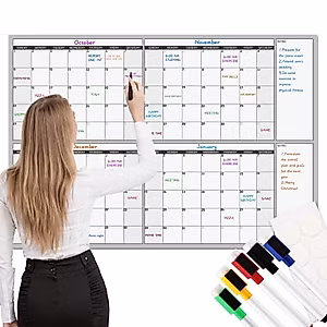 Large Wall Calendar Undated - Dry Erase Calendar for Wall，35.8 '' X 31.8 '' - Four Monthly Dry Erase Reusable Wall Planner - Includes 8 Sticker Dots and 5 Whiteboard Markers