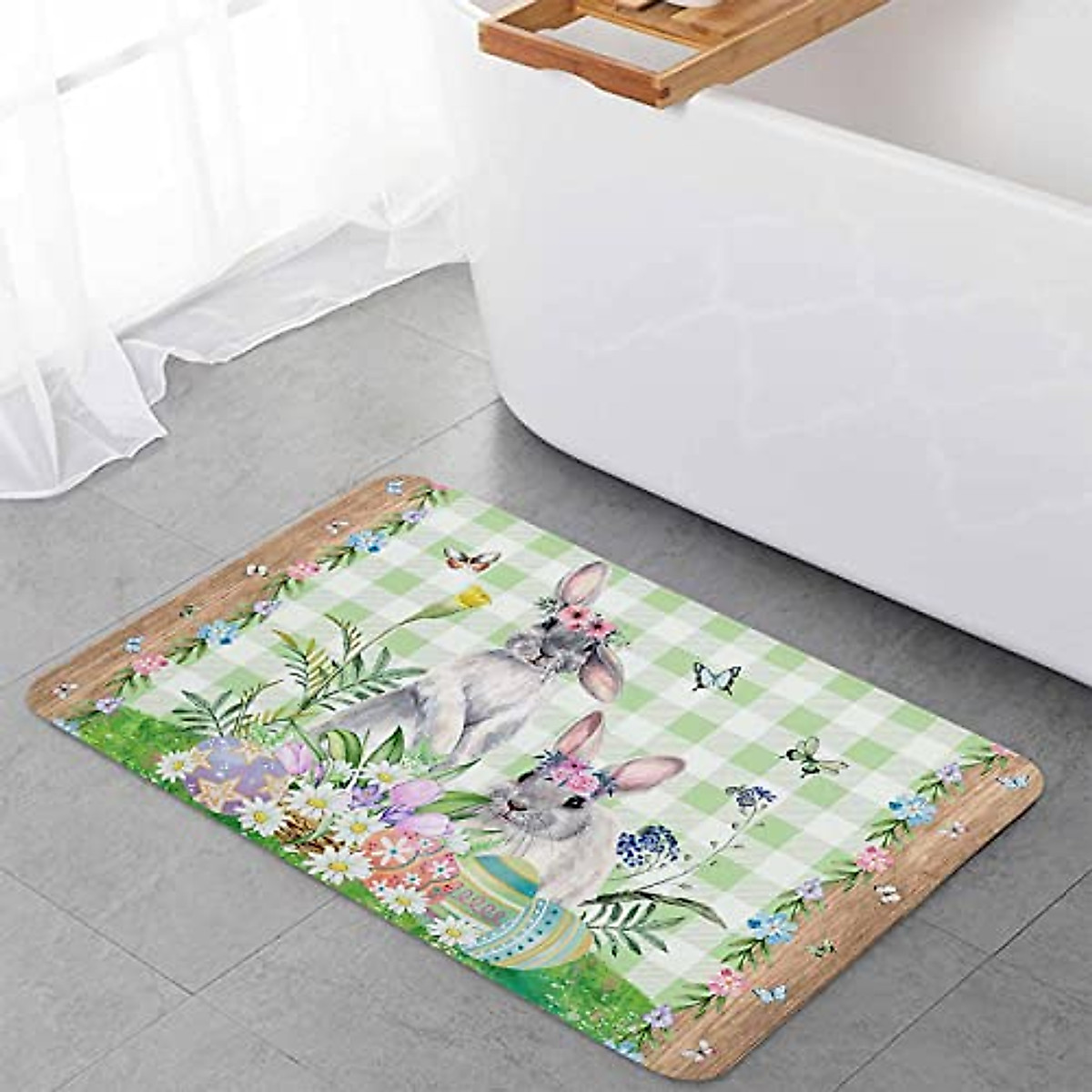 Greday Plaid Green 2 PCS Cushioned Anti-Fatigue Kitchen Mats and Rugs,Spring Holiday Colored Eggs Easter Egg Bunny Daisy Floral Absorbent 18inchx 30inch+ 18inchx 48inch