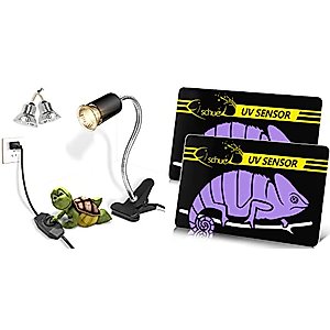 Fischuel Reptile Heat Lamp with Clamp,Dimmable Switch(Bulb Included) & UV Teating Card, Quick Test UVB Sensor, Over 500 Times Reusable (2 Packs)