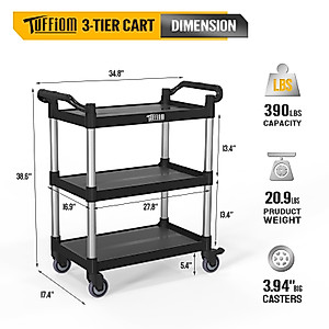 TUFFIOM 3-Tier Plastic Service Utility Cart with Wheels, Heavy Duty 390lbs Capacity, Commercial Rolling Ideal for Restaurant, Foodservice, Office, Warehouse, Black 34.8''L x 17.4''W x 38.6''H