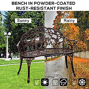 NChanmar Patio Bench, Garden Bench Outdoor Bench Metal Bench for Patio, Park, Lawn, Decor Deck w/Floral Rose Accent, Antique Finish(Bronze)