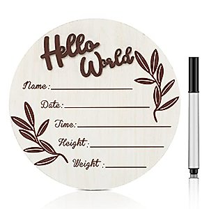 Newborn Announcement Sign Wooden Baby Announcement Sign Cherry Newborn Baby Birth Sign Baby Name Information Sign with Marker Pen for Baby Shower, Nursery Wall Decor(Round)