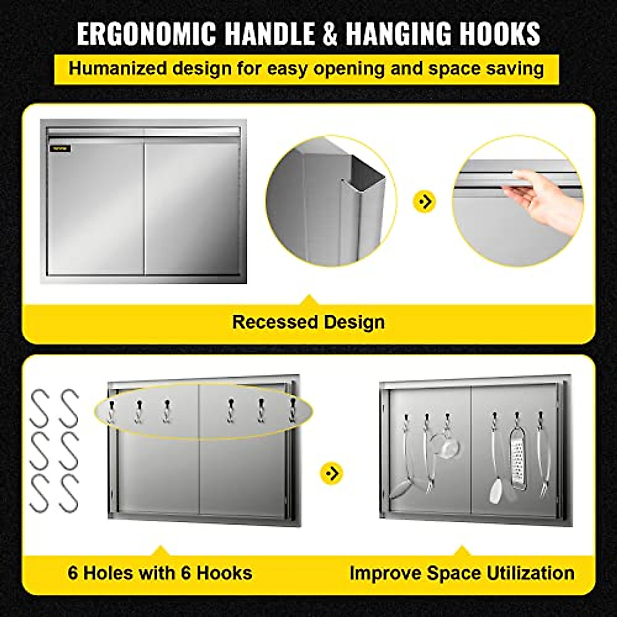 VEVOR Double BBQ Access Door, 30''Wx21''H Outdoor Kitchen Doors, Double Wall Construction Outdoor Cabinets with Hooks, Brushed Stainless Steel BBQ Door Easy to Install for BBQ Island Grill Station