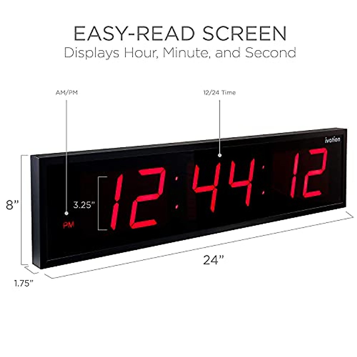 Ivation Huge 24" Inch Large Big Oversized Digital LED Clock with Stopwatch, Alarms, Countdown Timer & Temp - Shelf or Wall Mount (Red) | 6-Level Brightness, Mounting Holes & Hardware