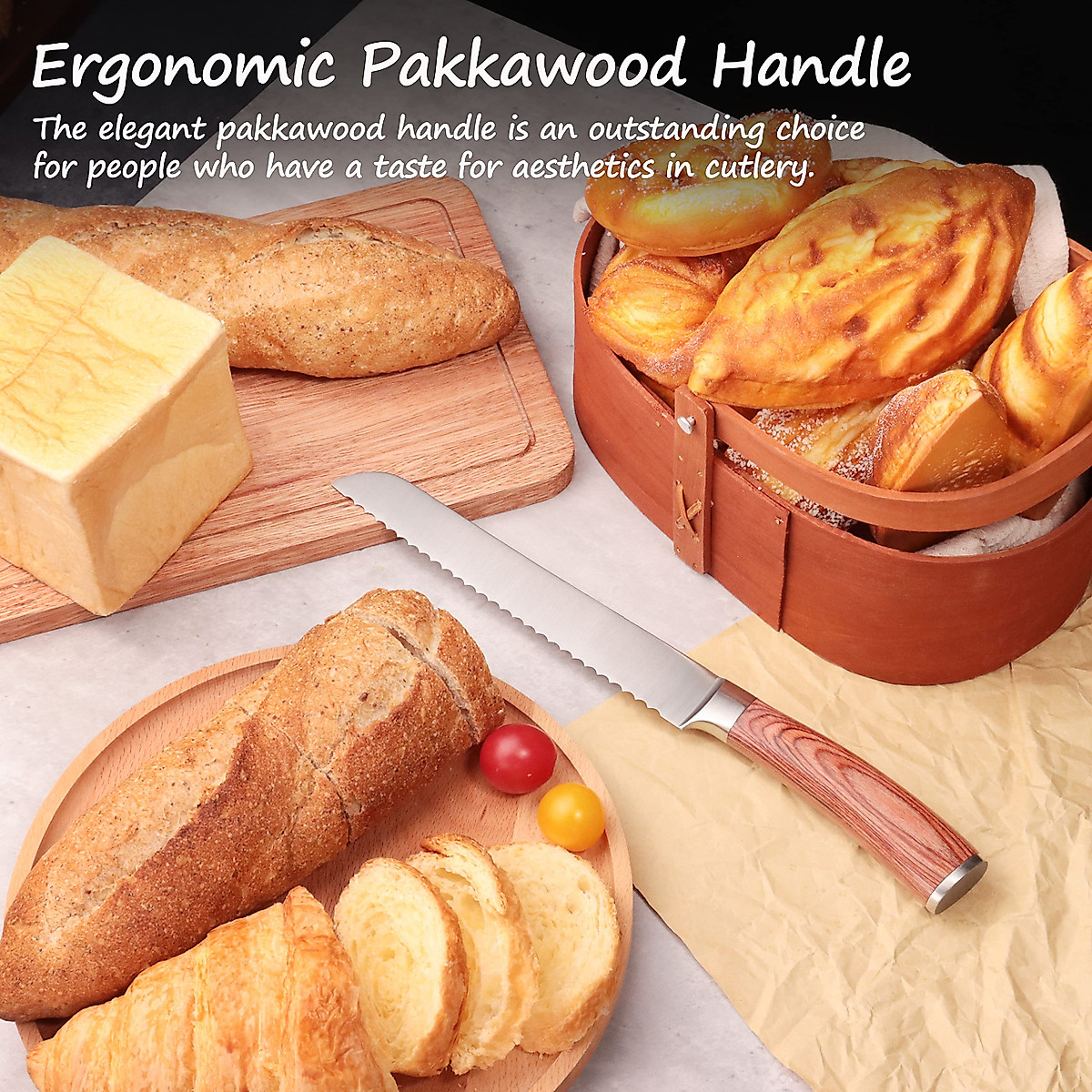 LUVCOSY Bread Knife, 8 Inch Serrated Bread Knife with Ergonomic Pakkawood Handle, Stainless Steel Bread Cutter with Gift Box, Razor Sharp Bread Slicer for Homemade Crusty Bread/Baguette/Pastrie