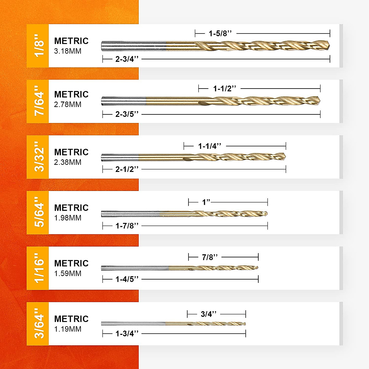 AugTouf Titanium Small Drill Bits Set (60 pcs), 4341 HSS 135° Micro Drill Bits for Wood, Metal, Steel, Plastic, Aluminum Alloy, 3/64"-1/8"