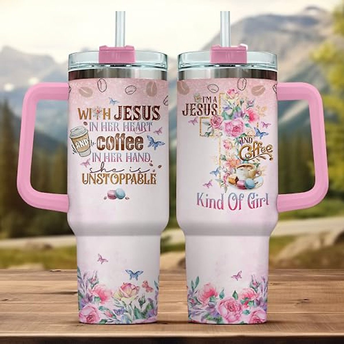 99OWL Insulated Handle Men Primrose Flower Camelia Butterfly Religious Women Yellow Simple Tumblers, Christian Gifts, Tumbler 40 Oz With Handle Lid And Straw, Jesus And Coffee Floral