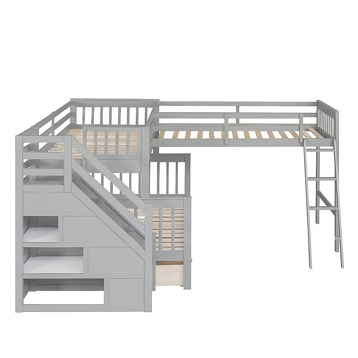 Harper & Bright Designs L Shaped Bunk Bed with Stairs and Storage, Twin Over Full Size Triple Bunk Bed for 3, Wood Corner Beds for Kids, Teens, Adults. No Box Spring Needed (Gray)