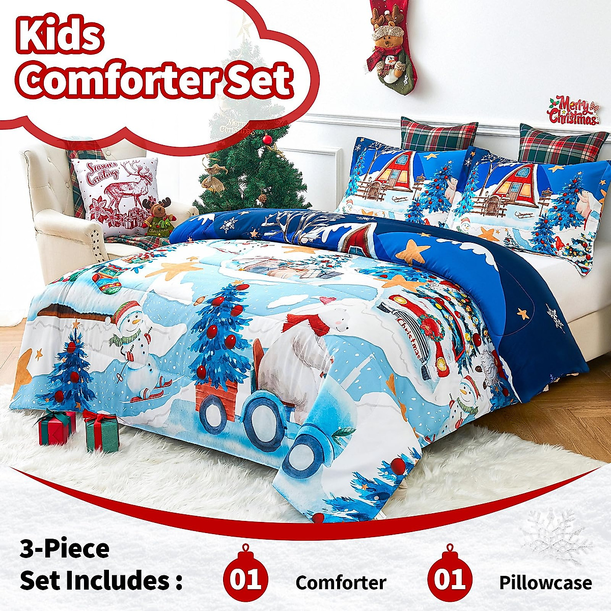YIYEA Christmas Twin Comforter Set for Girls Boys, Cute Kids Comforter with Pillowcase, Ultra Soft Brushed Microfiber Christmas Bedding Comforter Sets, Suit for All Season, Machine Washable