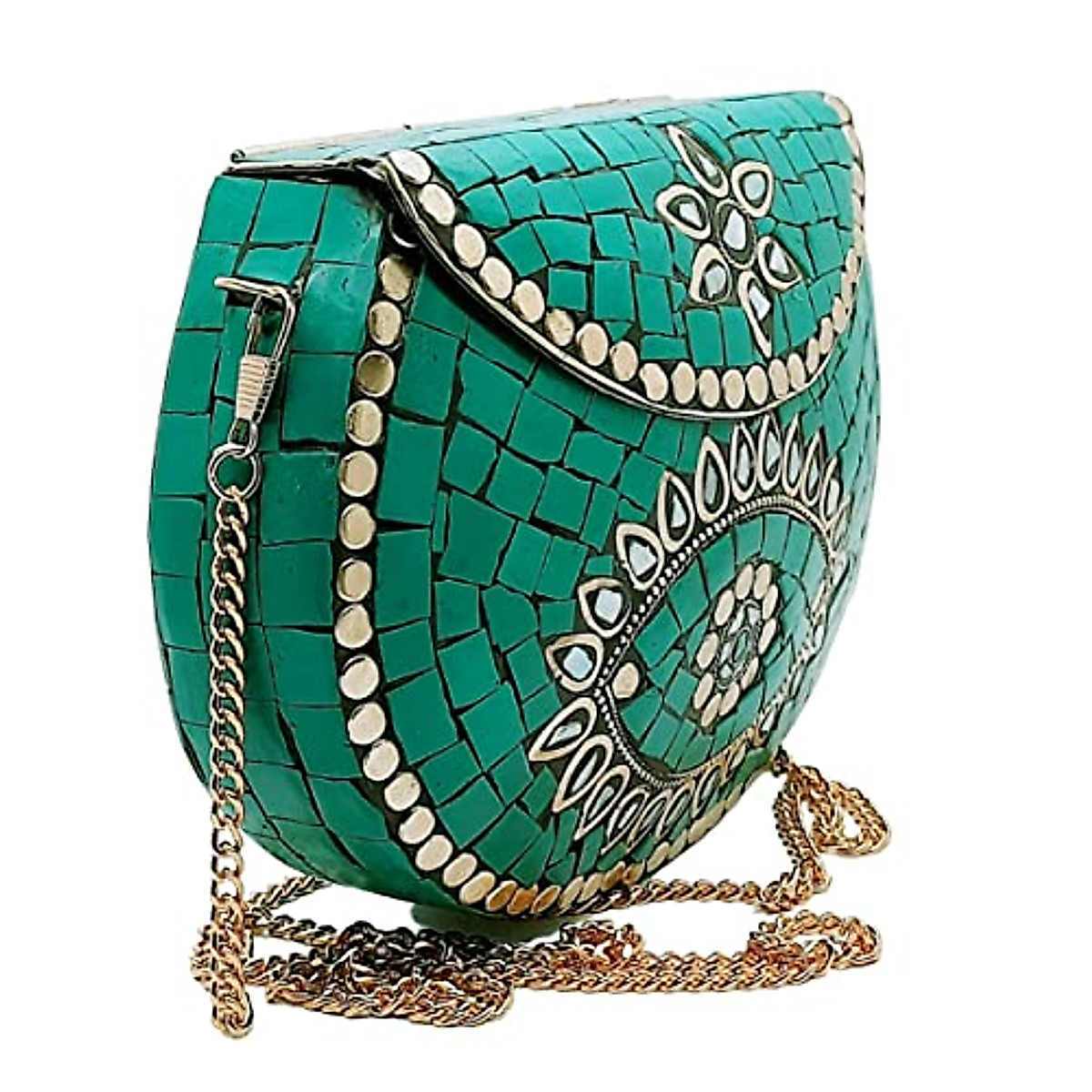 Trend Overseas Ethnic Antique Indian Handmade Mosaic Stone Chip Bag Bridal Clutch, Green, M