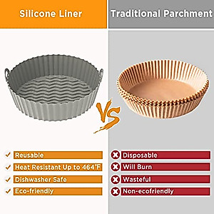 OUTXE Silicone Air Fryer Liners, 2-Pack Reusable Airfryer Basket Tray Accessories Round Compatible With Ninja Cosori Gourmia 5.8/6/7/8/9 qt (Blue+Gray)