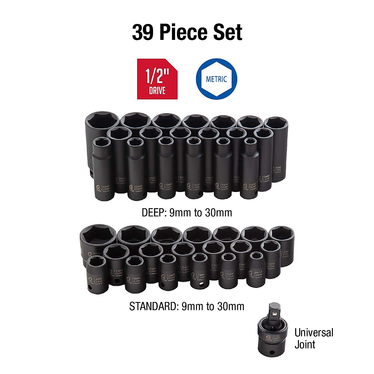 SUNEX TOOLS 2669, 1/2 Inch Drive Master Impact Socket Set, 39-Piece,, 9mm-30mm, Standard/Deep, Cr-Mo Steel, Radius Corner Design, Dual Size Markings, Heavy Duty Storage Case