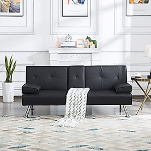 FULife Tufted Upholstered Futon Sofa Convertible Sleeper Couch Bed Daybed Loveseat,Folding Recliner with 2 Cup Holders,Removable Soft Pillow-Top Armrest,3 Angles for Living Room Small Place