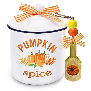 Fall decor - Pumpkin Spice Ceramic Canister with Wooden Beads Spoon Fall Decorations for Home Farmhouse Table Autumn Thanksgiving Tiered Tray, Candy Holder with Lid for Cookie Snacks House Warming