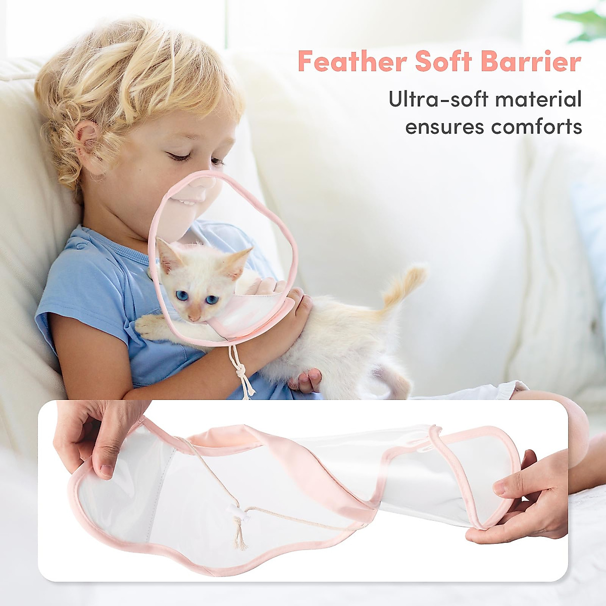 BENCMATE Cat Cone, Drawstrings Cat Cone Collar with Low Noise Fasteners, Transparent Cat Recovery Collar, Licking and Scratching Free Cone, Extra Soft Cat Surgery Collar (Pink,Small)