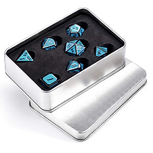 Set of 7 Metal Dice Set with Storage Box - Turquoise with Gunmetal Numbers - Includes D4, D6, D8, D10, D12, D20 and D% by SciencePurchase