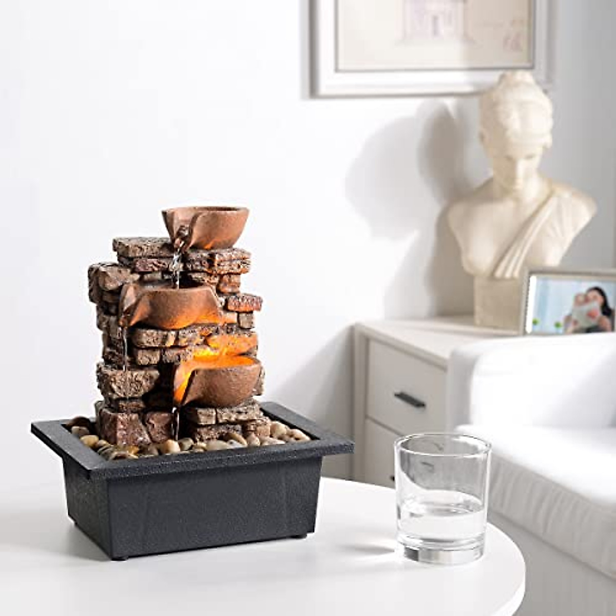 Haobos Indoor 3-Tier Rockery Relaxation Tabletop Fountain Soothing Sound Home/Office Decor Relaxing Waterfall Meditation Tabletop Fountain LED Lights