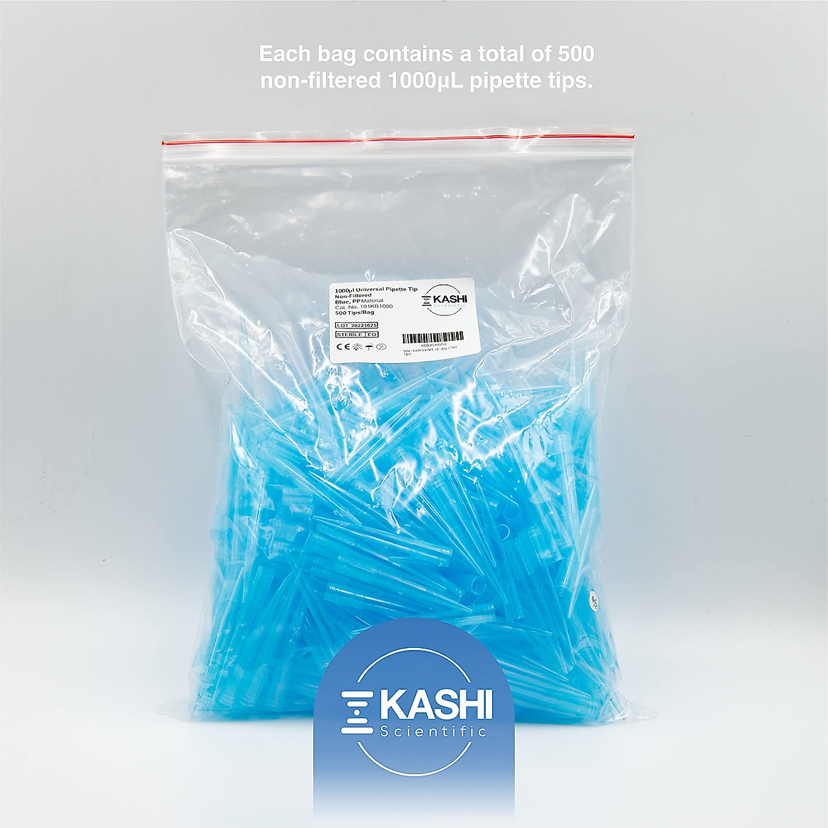 1000uL Pipette Tips, Kashi Scientific Universal Non-Filter Tips for Pipette 1000 uL, Sterile Bulk Pipette Tips with Clear Graduation, 1 mL Pipet Tips, DNase RNase Free, 500 Tips/Bag - Blue