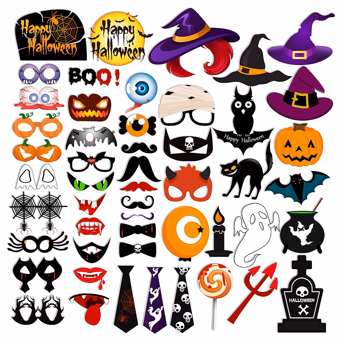 53pcs Happy Halloween Photo Booth Props Halloween Picture Props Skull Photo Booth Props Witch Hat Pumpkin Bat Tombstone Fancy Party Decor Supply Halloween Props for Photoshoot Gift Box