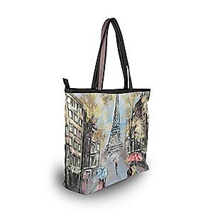U LIFE Oil Painting Vintage Paris Eiffel Tower Large Carry On Tote Bag Handbags