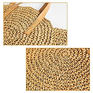 Round Straw Bag Large Woven Summer Beach Tote Handbags Handle Shoulder Bag for Women Vacation, Khaki