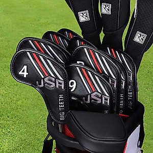 Big Teeth Golf Iron Covers 10Pcs Long Neck Iron Head Covers, USA Golf Head Covers Black Iron Covers, Golf Club Covers with Number Golf Club Head Covers Fit Taylormade M2 Callaway Rogue X Ping G710