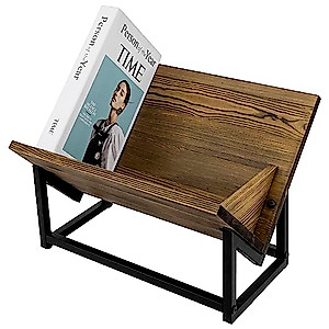 MyGift Rustic Burnt Solid Wood and Industrial Matte Black Metal Tilted Book Display Rack Shelf, Desktop Storage Organizer Bookshelf, Decorative Standing Bookcase