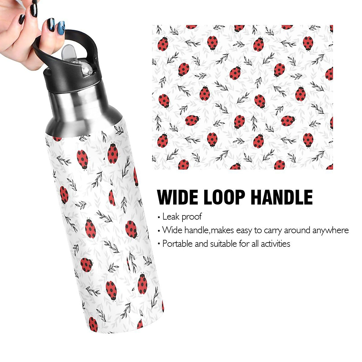 Ladybugs Funny Spring Pattern Insulated Water Bottle with Straw, Stainless Steel Sports Water Bottles, Double Wall Vacuum, Leakproof, BPA-Free 35 oz