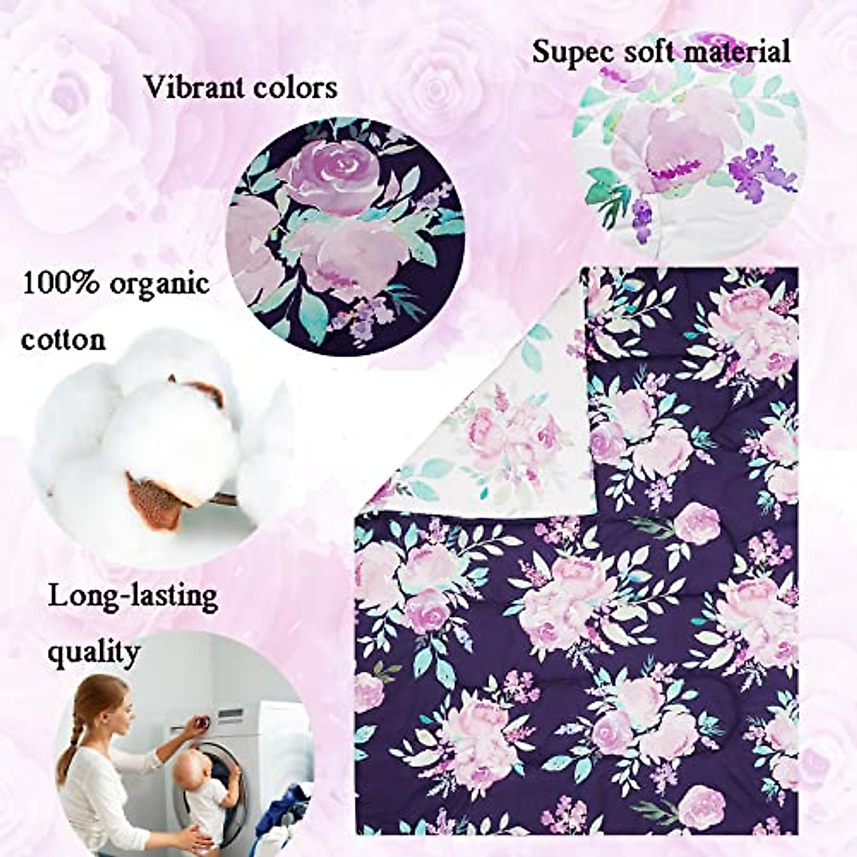 TANOFAR 4 Piece Crib Bedding Set for Girls, Baby Nursery Crib Bedding Set, Purple Flower Crib Skirt, Quilt, Crib Sheet and Diaper Stacke,Crib Bedding Set for Girls (Purple Flower)