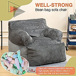 WELL-STRONG Bean Bag Chair, Comfy Lounge Chair with Armrest and Back Support, Memory Foam Filled Sofa Chair with Washable Cover for Bedroom, Living Room Soft Sofa Furniture for Men, Women, Dark Grey