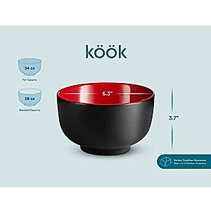 KooK Ceramic Japanese Noodle Bowl Set, Large Capacity, For Ramen, Udon, Soba, Pho and Soup, Microwave and Dishwasher Safe, 34 oz, Set of 4 (Black/Red)