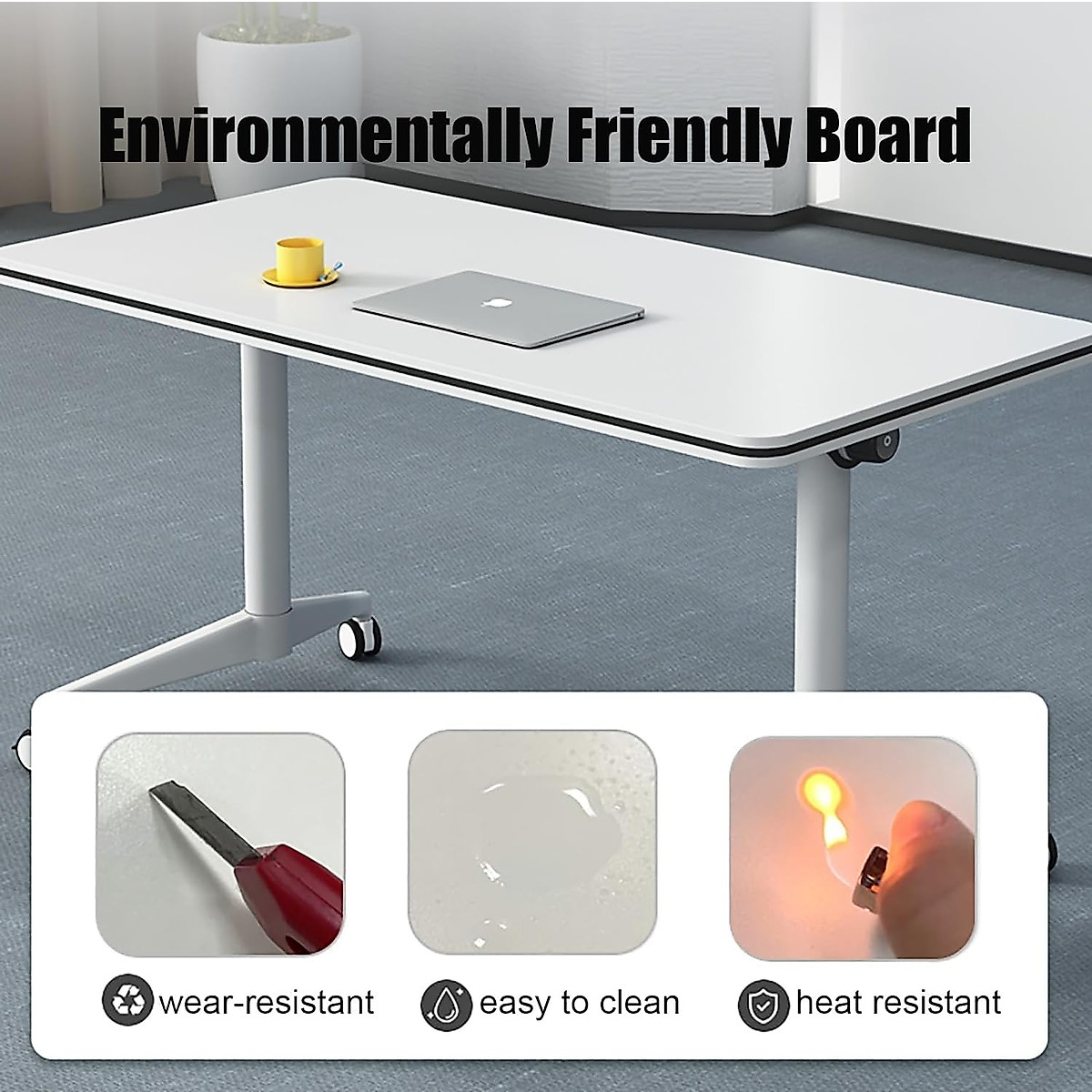 AKSOUDEW Conference Table-Easy to Move Portable White Small Conference Table-with Silent Wheels Folding Rectangle Conference Table Suitable for Office,Meeting Room,classr (4Pcs) (160 * 60 * 75cm)
