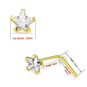 PiercingPoint 9ct Solid Yellow Gold Claw Set 3MM Star CZ Stone 22Gauge(0.6MM) Length L-Shape Nose Stud