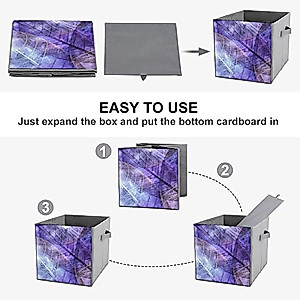 Purple Leaves Foldable Storage Bins Printd Fabric Cube Baskets Boxes with Handles for Clothes Toys, 11x11x11