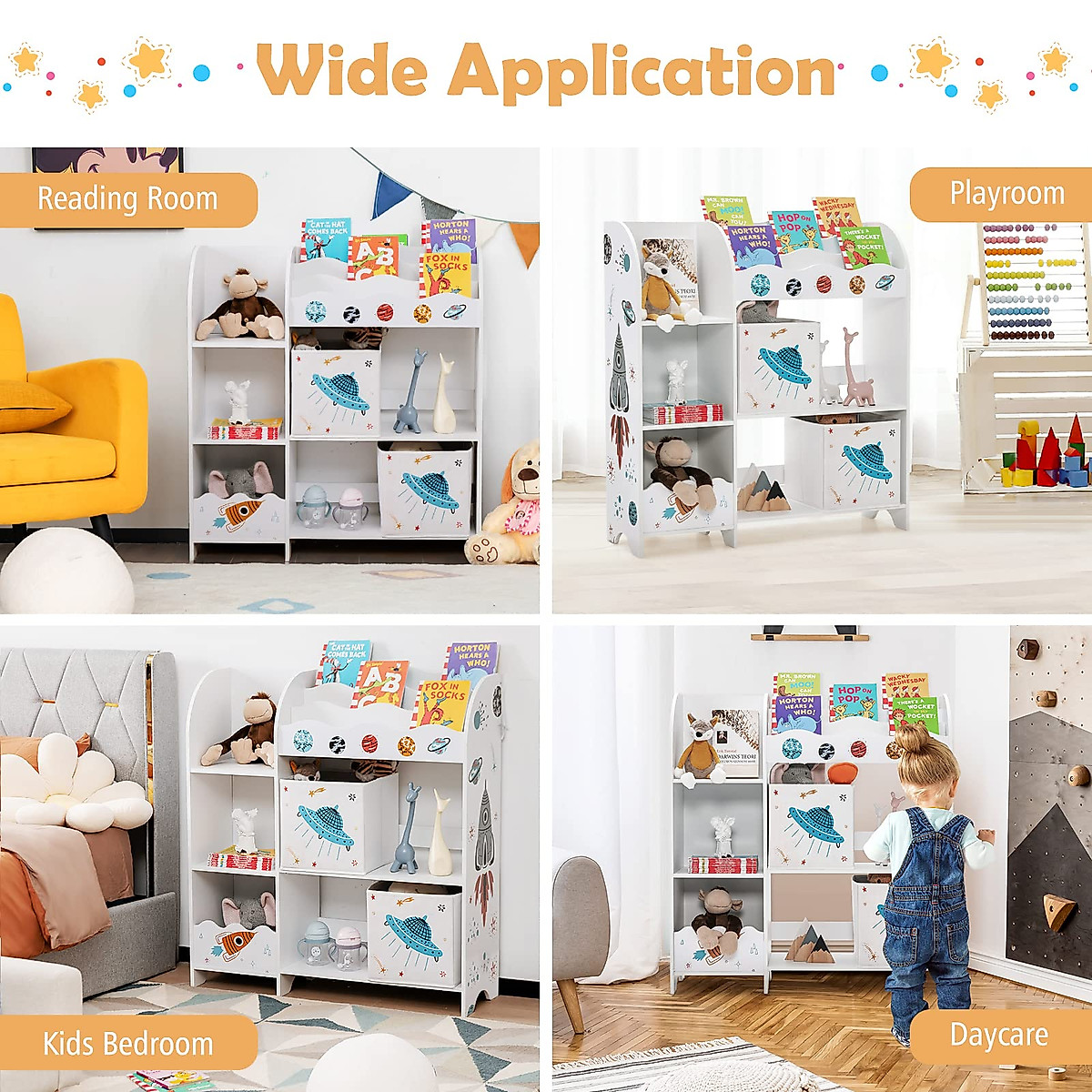 Costzon Toy and Book Organizer for Kids, Wooden Storage Display Cabinet Bookshelf w/5 Open Shelves, 2 Storage Boxes and 3 Slots, Kids Storage Unit for Playroom, Classroom, Living Room (UFO)