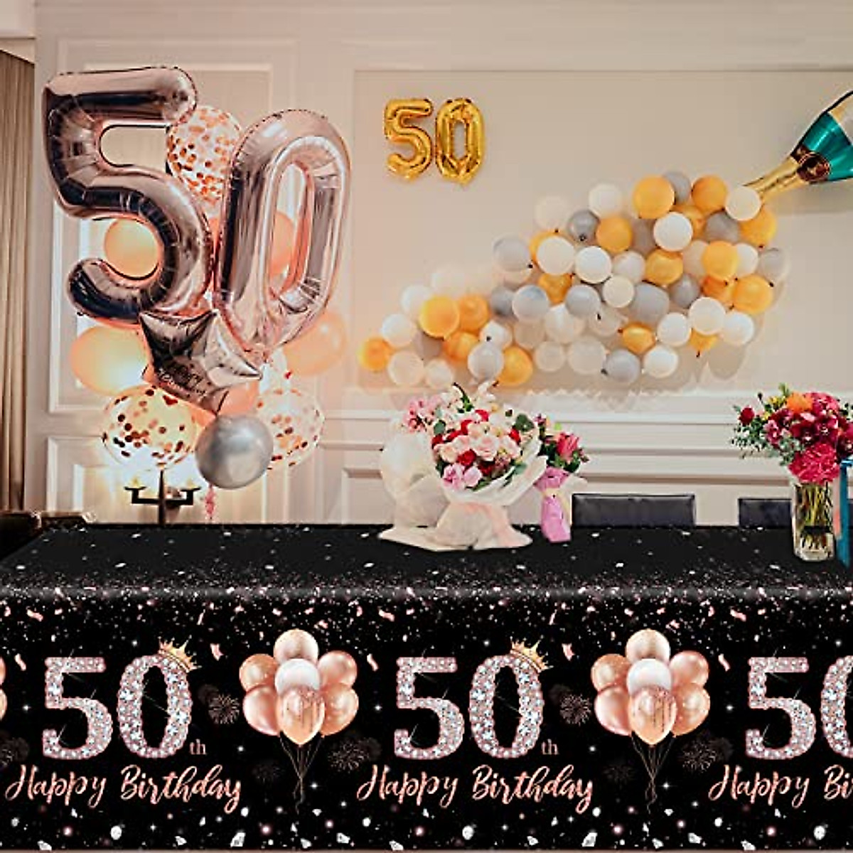 3Pcs 50th Birthday Tablecloth Decorations for Women-Rose Gold Pink Table Cloth Happy 50 Birthday Theme Party Supplies Table Cover Plastic Disposable Rectangular Party Decorations(50th Birthday)