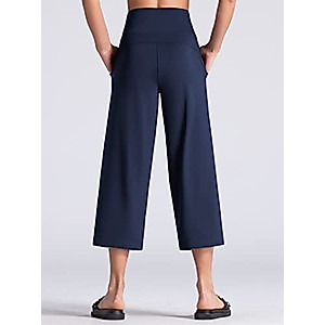 THE GYM PEOPLE Bootleg Yoga Capris Pants for Women Tummy Control High Waist Workout Flare Crop Pants with Pockets (Navy Blue, X-Large)