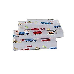 Better Home Style Multicolor Cranes Backhoes Construction Equipment Trucks Fire Engine Design for Kids/Boys 3 Piece Sheet Set with Pillowcase Flat and Fitted Sheets # Crane (Twin)