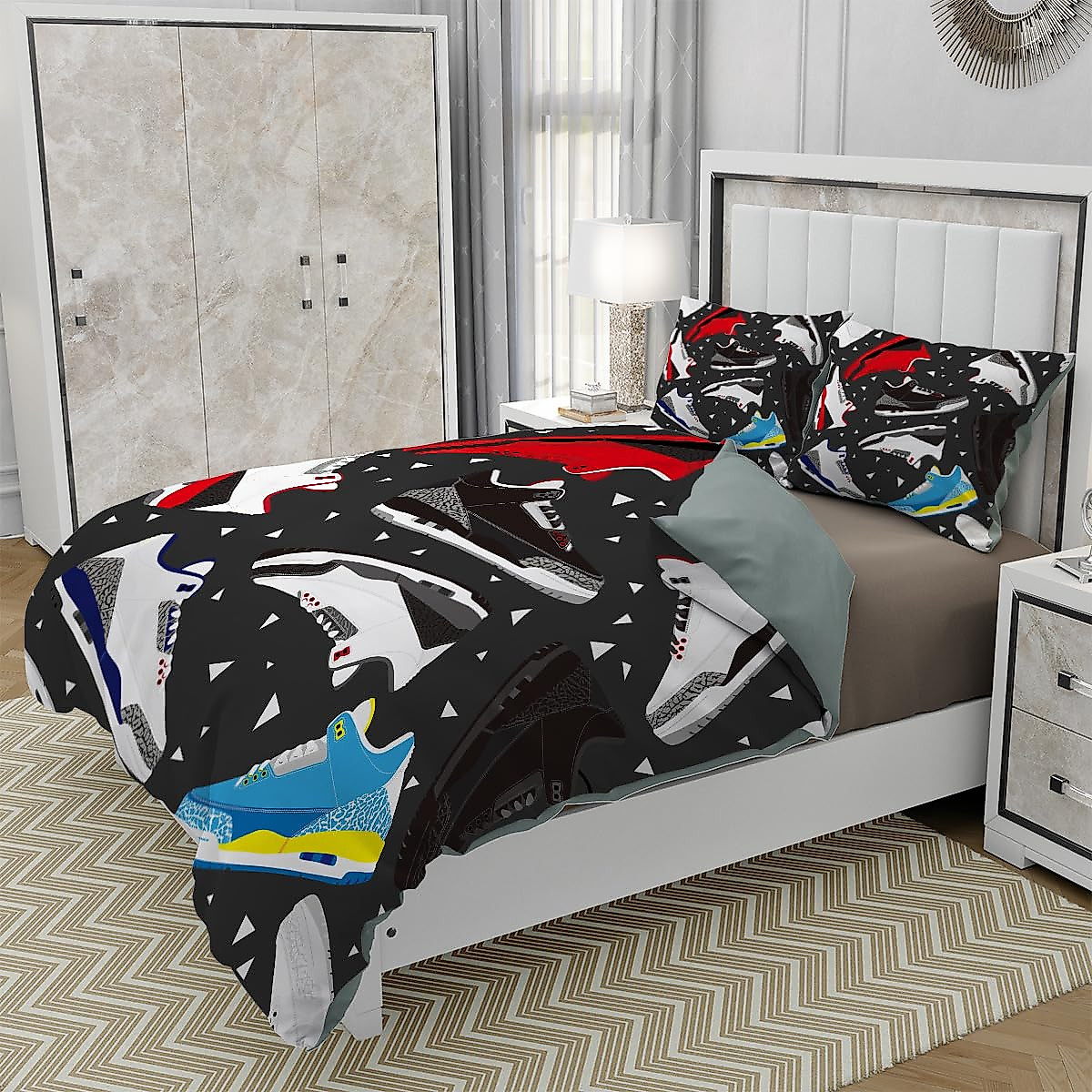 Basketball Shoes Duvet Cover Set Twin Size, Cool Teens Sports Retro Sneaker Bedding Set 3 Pieces Soft Microfiber Quilt Cover for Kids Boys Teens Room Decor, Comforter Cover with 2 Pillowcase