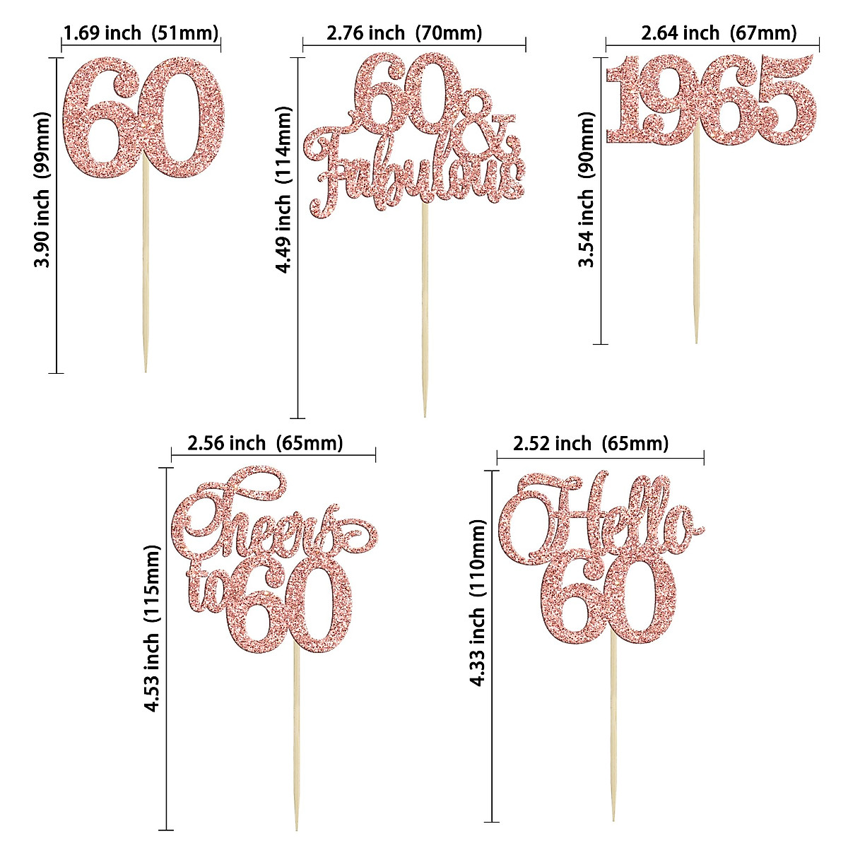 Gyufise 30Pcs 60th Birthday Cupcake Toppers 60 Fabulous Cupcake Picks Cheers to 60 1965 Cake Decorations for Happy 60th Birthday Wedding Anniversary Party Decoration Supplies Rose Gold